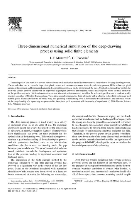 Pdf Three Dimensional Numerical Simulation Of The Deep Drawing Process Using Solid Finite Elements