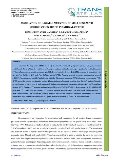 Pdf Association Of G 2686t C Mutation Of Mbl1 Gene With Reproduction