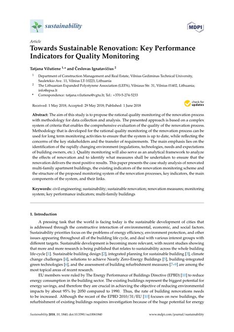 Pdf Towards Sustainable Renovation Key Performance Indicators For Quality Monitoring