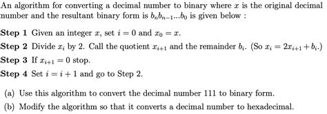 Solved An Algorithm For Converting A Decimal Number To