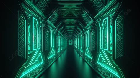 기하학적 패턴의 녹색 네온 조명이 있는 미적 터널 3d 그림 가벼운 터널 터널 3d 네온 배경 일러스트 및 사진 무료