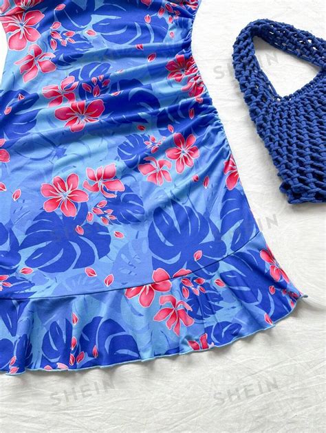 Shein Wywh Wywh Women Tropical Print Bodycon Asymmetric Hem Tight