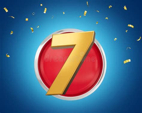 Gold Number 7 Gold Number Seven Rounded Red Icon With Particles On Blue Background 3d