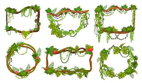 리아나 프레임 게임 Ui에 대 한 열대 우림 덤불 프레임 나뭇 가지에 만화 정글 기는 사람 들어온다 로프 덩굴 담쟁이 식물 열대 식물 단풍 독창적 인 벡터 일러스트 레이 션