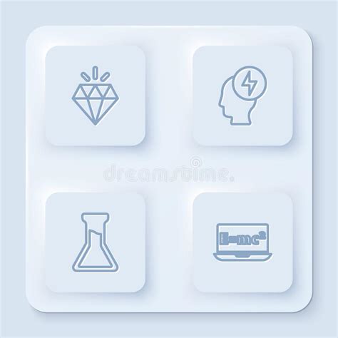 Set Line Diamond Head And Electric Symbol Test Tube Flask And Equation Solution White Square
