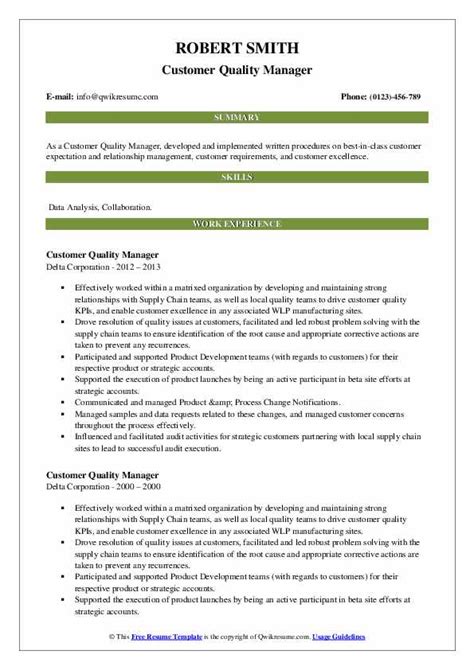 Customer Quality Manager Resume Samples Templates For