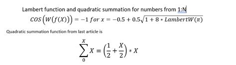 lambert function and quadratic summation for numbers from 1 n