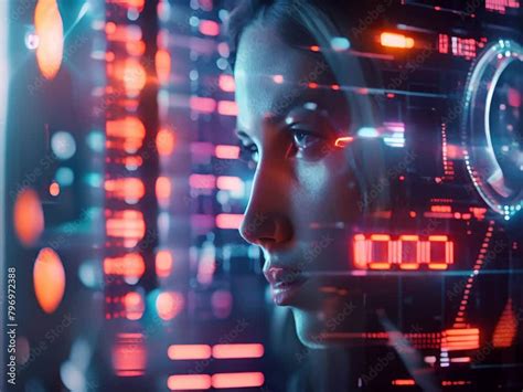 A Beautiful Illustration Of A Womans Face With A Glowing Red Eye And A Futuristic Hud Display