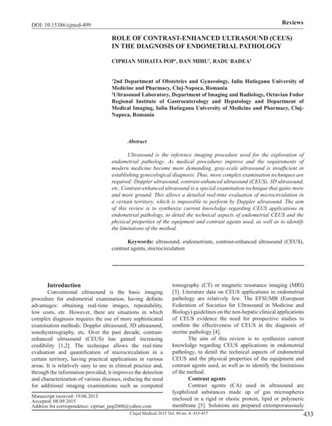 Pdf Role Of Contrast Enhanced Ultrasound Ceus In The Diagnosis Of Endometrial Pathology