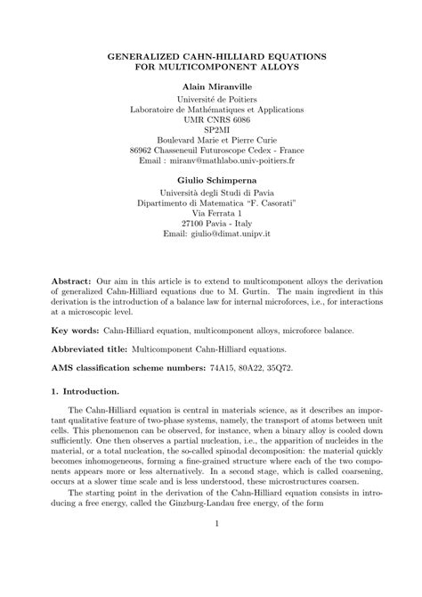 Pdf Generalized Cahn Hilliard Equations For Multicomponent Alloys