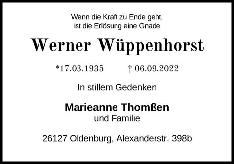 Traueranzeigen von Werner Wüppenhorst nordwest trauer de