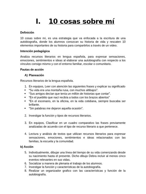 Propesta Didactica 1 10 Cosas Sobre Mi El Viaje De Mi Vida Pdf