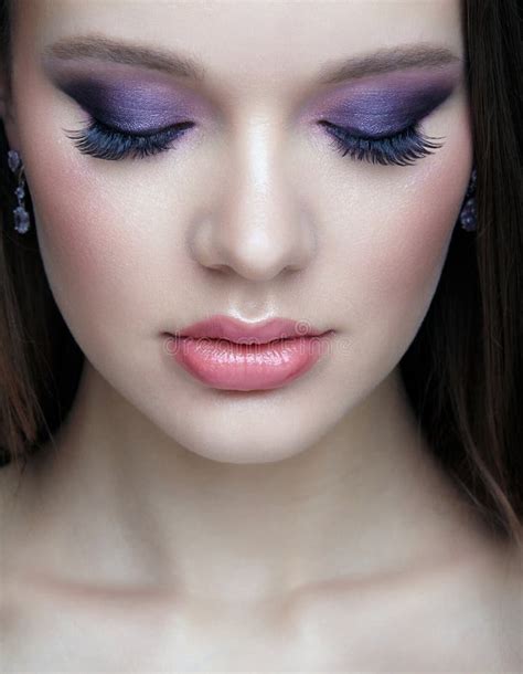 Woman With Lilac Beauty Eyes Makeup Female With Purple Smoky Eyes Eye