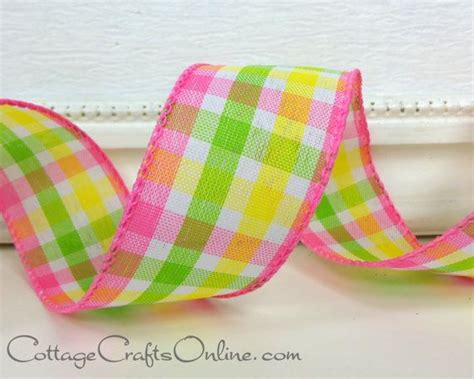 Wired Ribbon 1 12 Wide Pink Yellow Lime Green Check Plaid Three