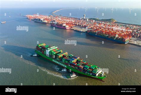Shanghai China August A Very Large Container Ship Loaded With Containers Leaves