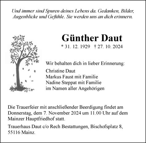 Traueranzeigen Von Gunther Daut Vrm Trauer De
