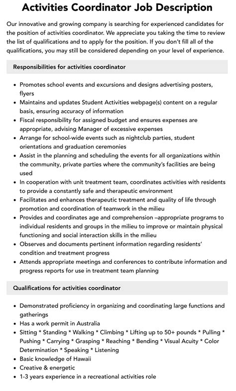 Activities Coordinator Job Description Velvet Jobs