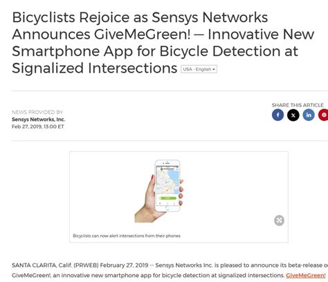 Sensys Networks Announces Givemegreen — Innovative New Smartphone App For Bicycle Detection At