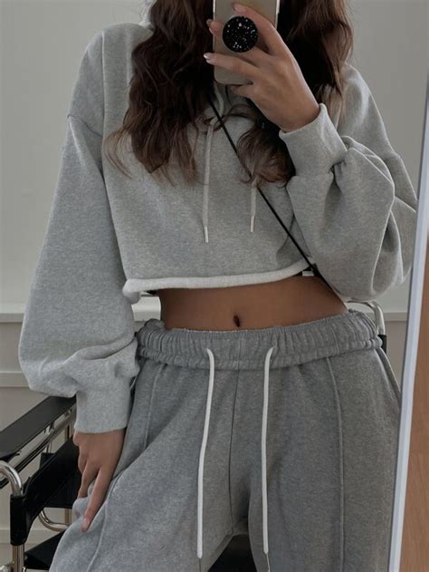Dazy Solid Drop Shoulder Crop Hoodie Shein Usa