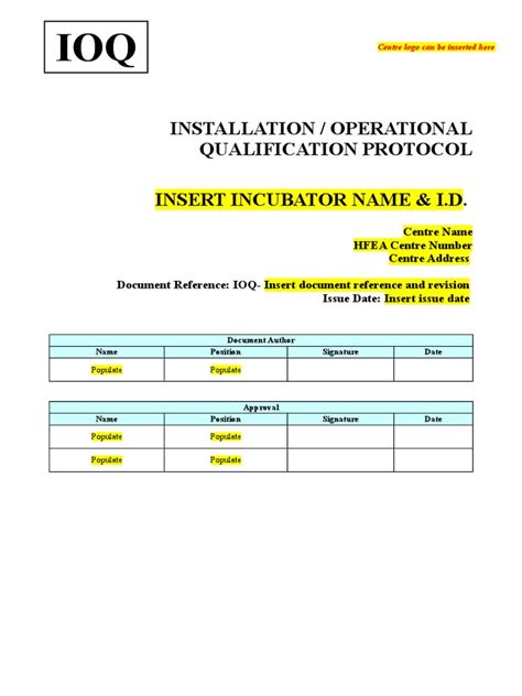 Installation Operational Qualification Protocol Insert Incubator Name
