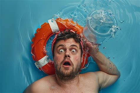 Premium Photo Surprised Man With Lifebuoy In Waterenjoying Summer