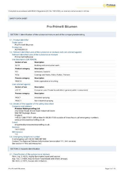 material safety data sheet proteus pro prime® bitumen proteus