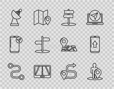 Set Line Route Location Map Marker With Silhouette Of Person Road Traffic Sign Infographic
