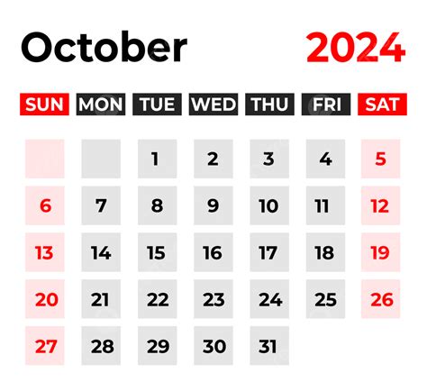 รูปการออกแบบปฏิทินรายเดือนเดือนตุลาคม 2567 ในรูปลักษณ์ที่สะอาดตา เวกเตอร์ Png ตุลาคม 2567