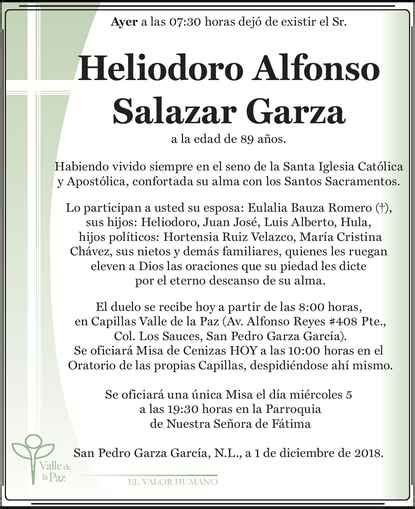 Señor Heliodoro Alfonso Salazar Garza Obituario Esquela