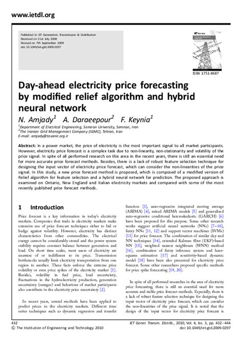 Pdf Day Ahead Electricity Price Forecasting By Modified Relief