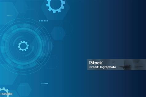 원형 템플릿의 라인이 있는 파란색 기어 기술 배경입니다 육각형과 입자 요소가 있는 청사진 배경 네거티브 및 빈 공간 스타일입니다 Cpu에 대한 스톡 벡터 아트 및 기타