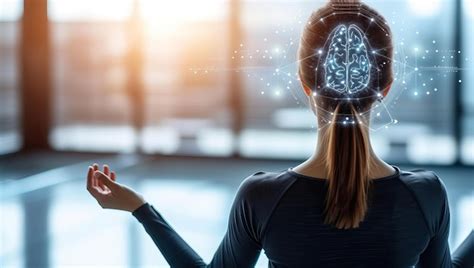 premium photo woman meditating with digital brain interface