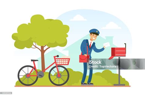 우체부 사서함에 편지를 넣어 블루 유니폼의 우체부 자전거 배달 서비스 개념 벡터 일러스트레이션에 고객에게 메일을 전달 독일에 대한 스톡 벡터 아트 및 기타 이미지 Istock