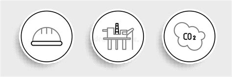 Set Line Co2 Emissions In Cloud Worker Safety Helmet And Oil Platform The Sea Icon Vector
