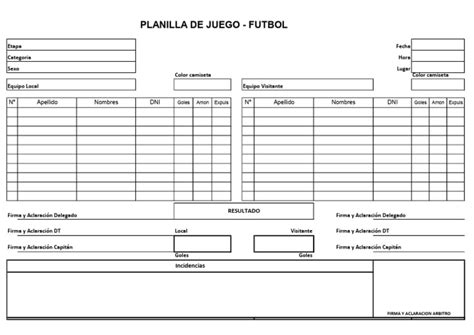 Planilla De Juego Futbol Pdf