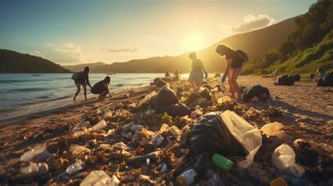 Premium Ai Image Eco Volunteers Picking Up Plastic Trash On The Beach