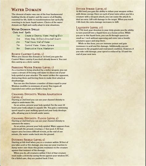 Water Domain Cleric Subclass Menu