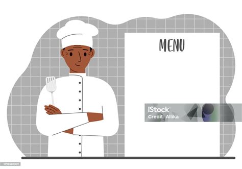 모자를 쓴 요리사가 레스토랑이나 카페의 메뉴를 배치하기 위해 흰색 시트 옆에 서 있습니다 공란에 대한 스톡 벡터 아트 및 기타 이미지 공란 레스토랑 메뉴판 Istock