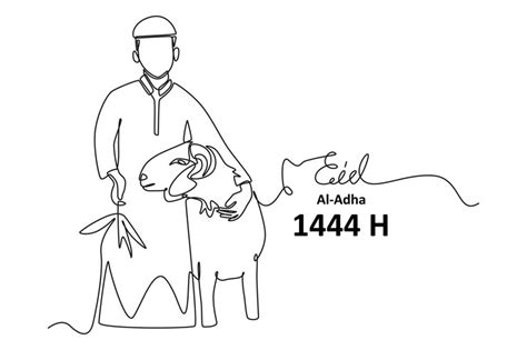 단일 한 줄 그리기 행복한 이슬람 소년이 희생을 위해 염소를 가져옵니다 Happy Eid Al Adha 개념 연속 선 그리기