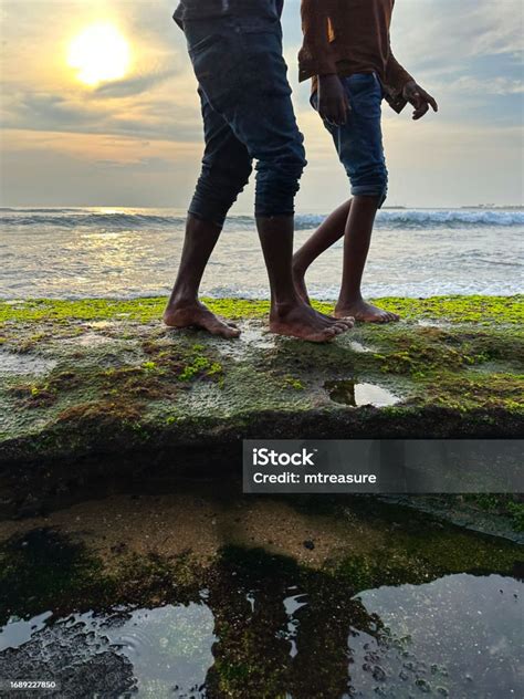 녹조류와 해초로 덮인 바위 바위 갯벌 웅덩이 바다에 반사되는 바닷가 오렌지 태양 조수 반사 잔물결 위로 지는 태양 2명에 대한 스톡 사진 및 기타 이미지 Istock