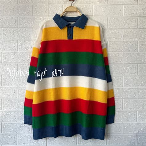 Jual Polo Sweater Rajut Rainbow Oversize Atasan Rajut Wanita Korea