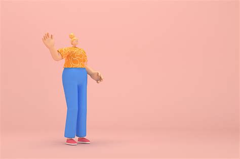 황금빛 머리를 가진 여자는 파란색 코듀로이 바지와 흰색 줄무늬가 있는 주황색 티셔츠를 입고 롤빵에 묶여 있습니다 그녀는 말할 때 손의 표현입니다 연기에서 만화 캐릭터의 3d