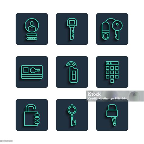 세트 라인 안전 조합 잠금 오래된 키 피킹을 위한 잠금 선택 집이 있는 집 자동차 원격 키 카드 계정 화면 생성 및 암호 보호 아이콘 벡터 고름에 대한 스톡 벡터 아트 및