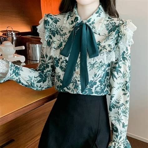 밀키부 50할인당일출고빅사이즈어텀신상 빅사이즈 베이비돌 긴팔블라우스 하객룩 세일러카라 타이블라우스 그린 플라워 꽃 사계절 리본 레이스 쉬폰 셔츠 오피스룩면접룩