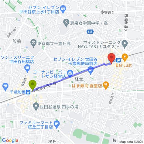千歳船橋駅から経堂crazy Loveへのルートマップ Mdata