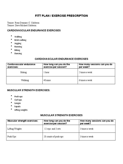 Fitt Plan Or Exercise Prescription Pdf