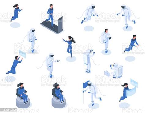 우주 비행사 캐릭터 우주 탐험가 우주복을 입은 우주인 코스모나우트 트레이닝 센터 벡터 일러스트 세트 우주 탐사 문자 우주