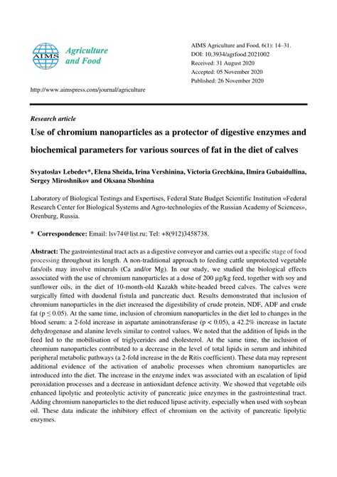 Pdf Use Of Chromium Nanoparticles As A Protector Of Digestive Enzymes And Biochemical