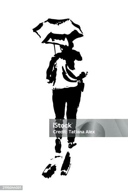 Lonly Woman Walking Away Under An Umbrella Fullbody Character Handdrawn