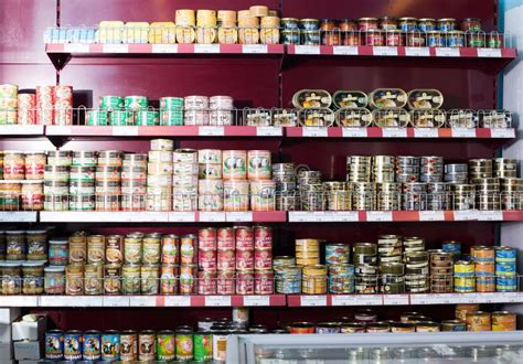 Canned And Tinned Products In Russian Food Store Editorial Stock Photo